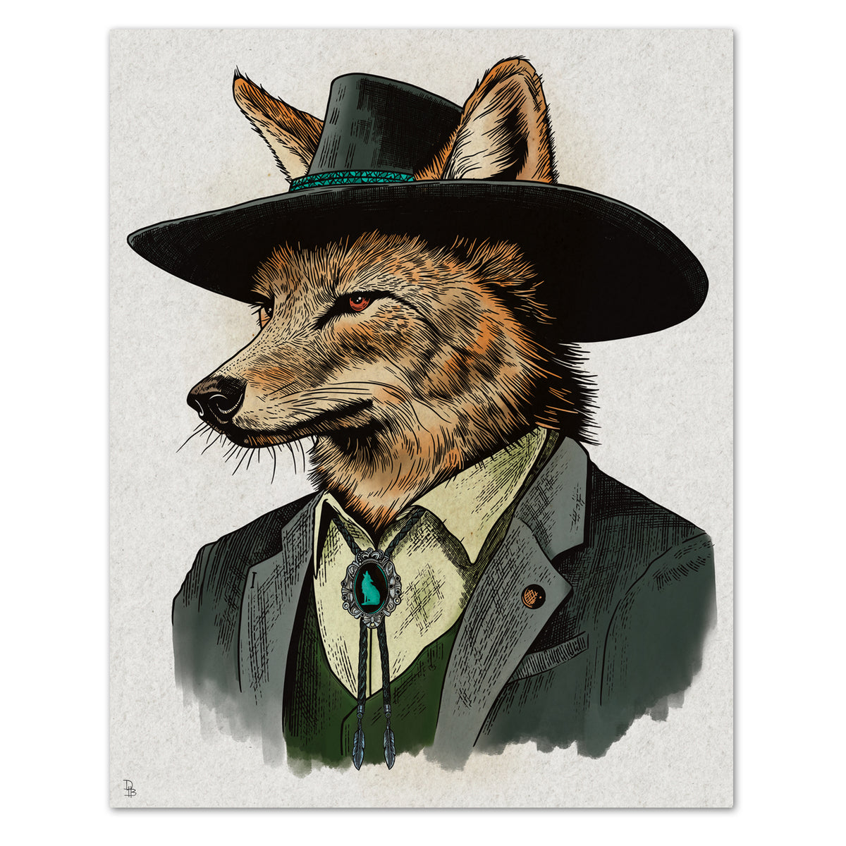 Coyote Cowboy Illustration Vintage Style Print - (Various Sizes ...