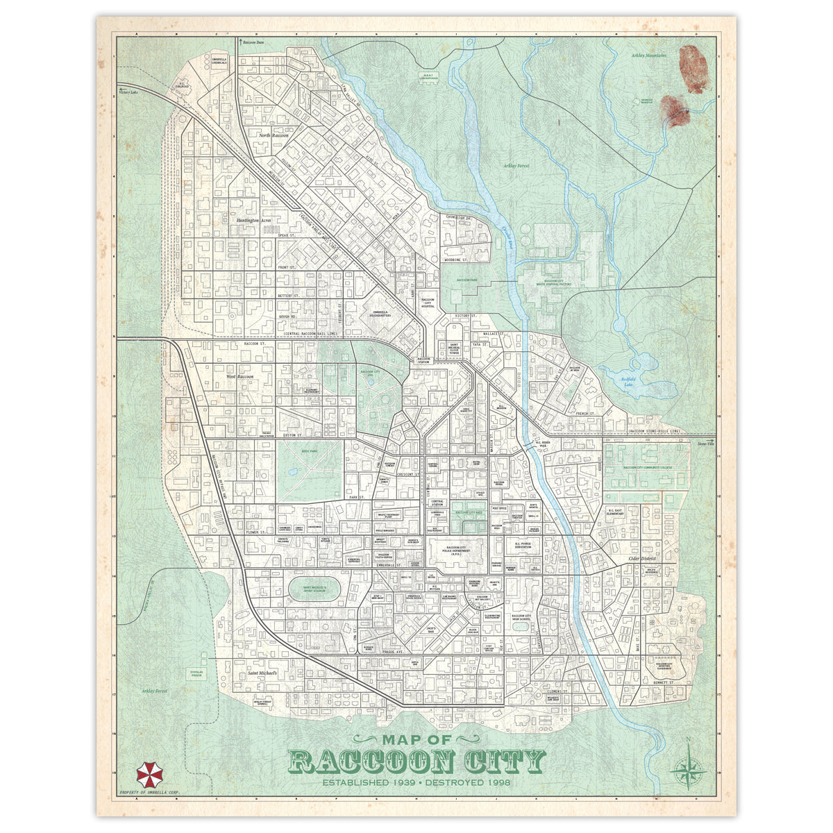 Resident Evil - Raccoon City - Vintage Plat Map - 16x20 – KnerdKraft